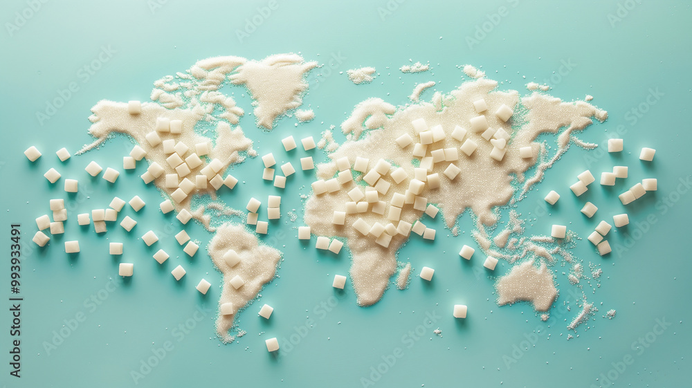 World map made from white refined sugar, international diabetes day ...