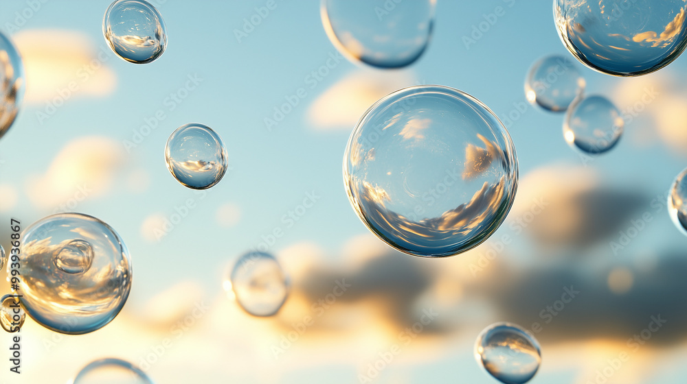 Floating Bubbles at Sunset: A cluster of iridescent soap bubbles, glistening and reflecting the ...