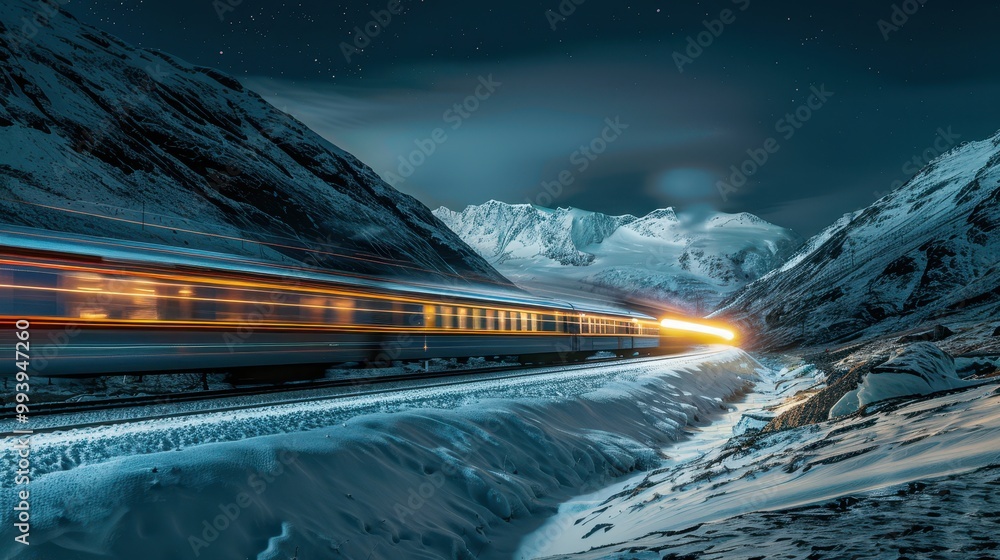 Glowing Train Journey: Illuminated Night Ride Across a Majestic Glacier ...