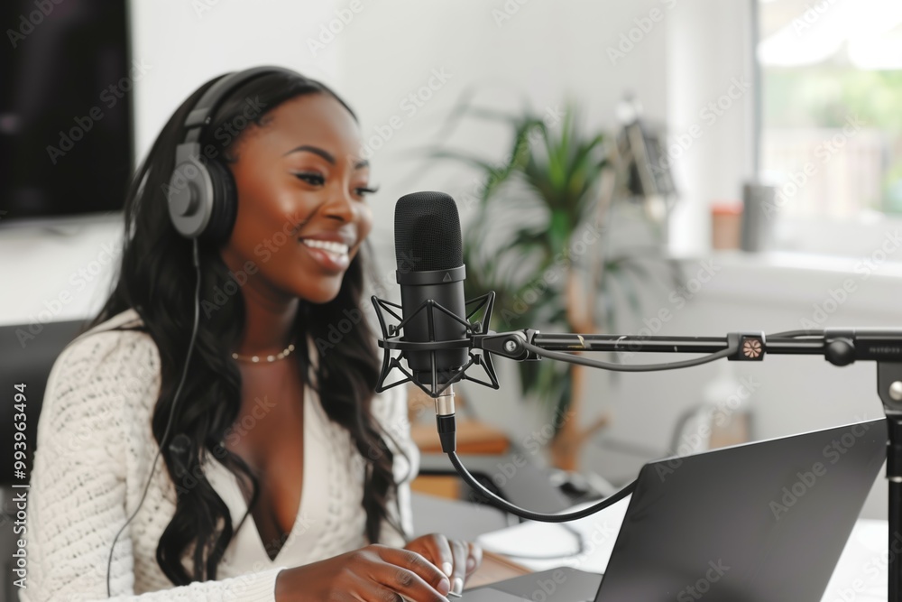 Confident woman recording a podcast or live streaming from a bright and ...