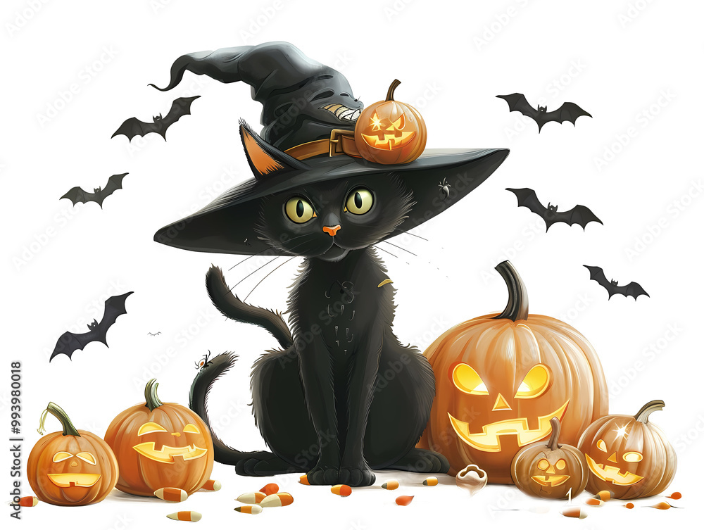 Funny black cat wearing a witch hat and Halloween pumpkins around hum ...
