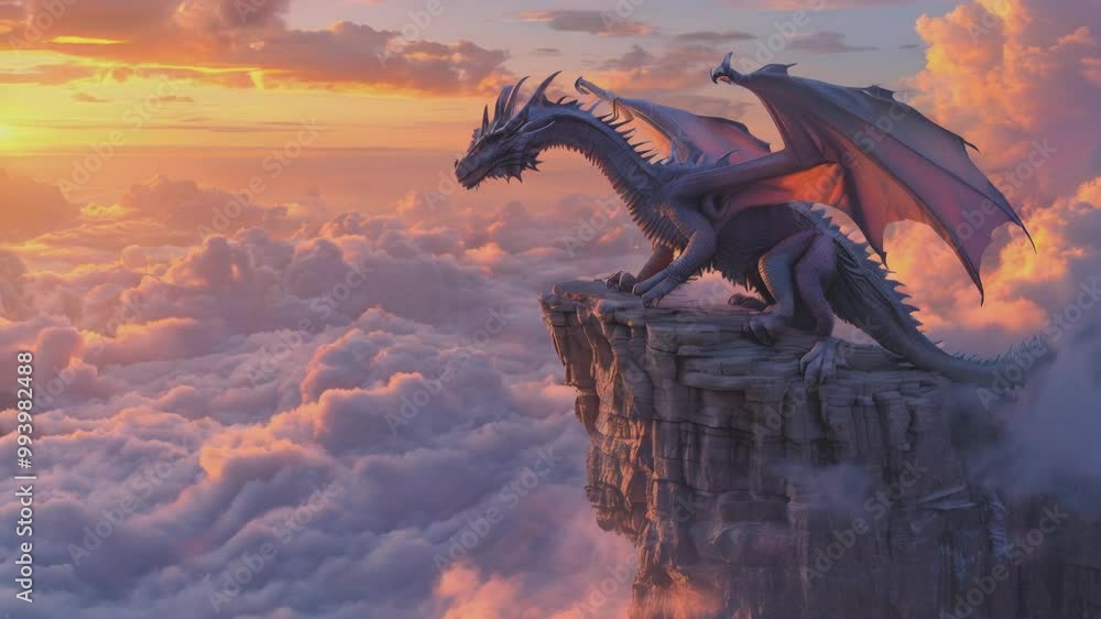 A majestic dragon perches on a cliff overlooking a sea of clouds at ...
