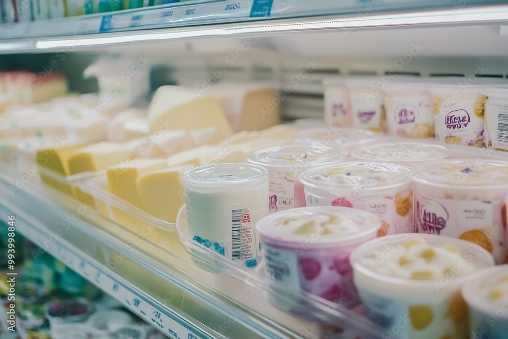 creamy cheeses and colorful yogurt containers being chosen from a ...