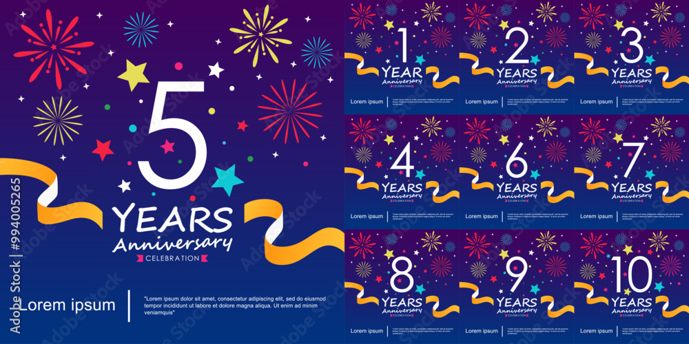 Set of 1-10 years anniversary celebration logo isolated with ribbon ...
