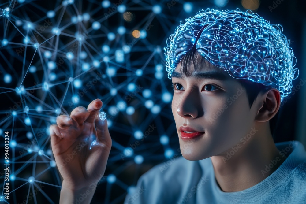 Man With Glowing Neural Cap Mapping His Brain Activity Symbolizing Cognitive Enhancement Mental