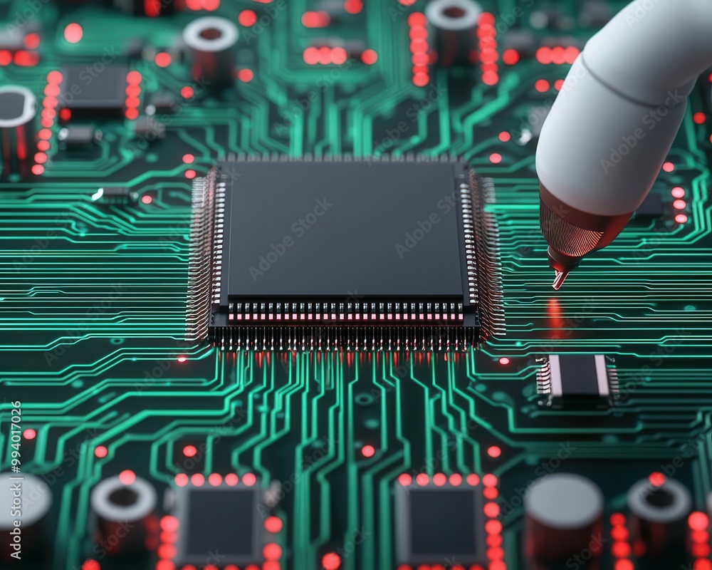 Smart electronics factory with robotic systems integrating chips and ...