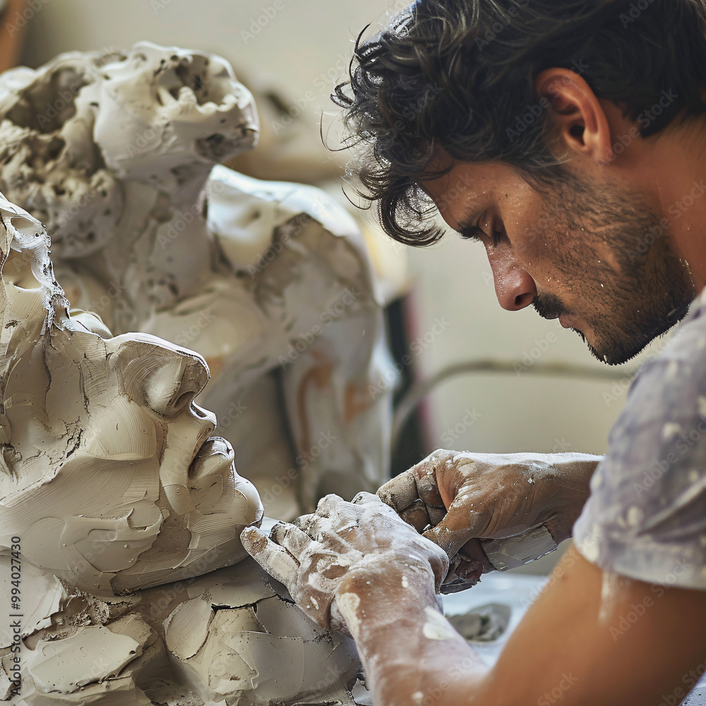 Sculptor shaping clay into elegant forms, chiseling away to reveal ...