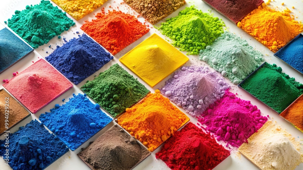 Colorful powder coat paint swatches in various shades and textures lie ...