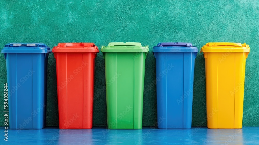 Colorful waste separation bins arranged in a row against a solid color ...