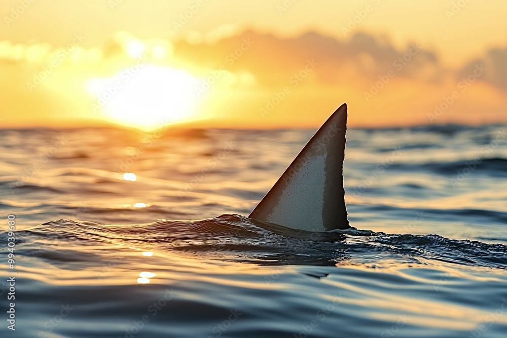 Shark's fin glides gracefully in ocean waters at sunset, casting a ...