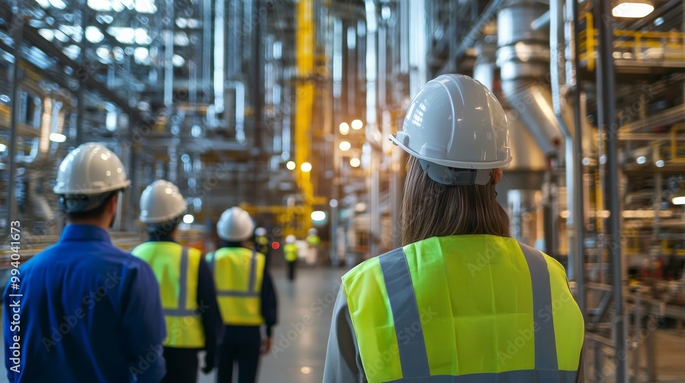 A factory safety drill in progress, with workers participating in an ...