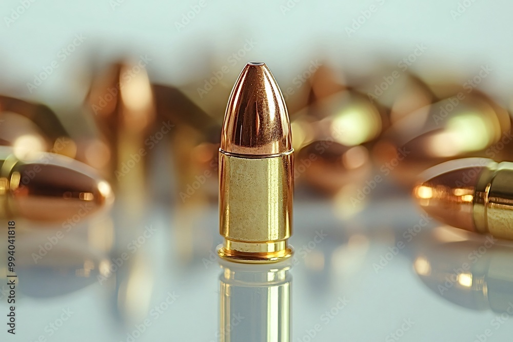 Single 9mm bullet standing upright, surrounded by other bullets lying ...
