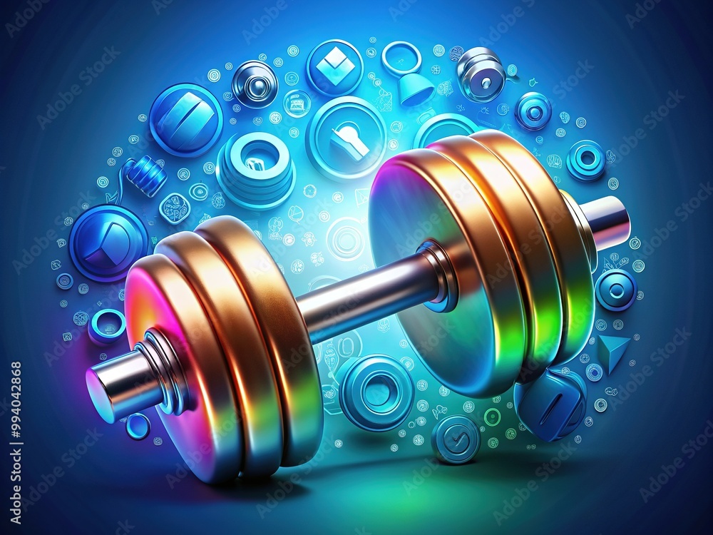 Colorful dumbbell with metallic surface and rounded edges, surrounded ...