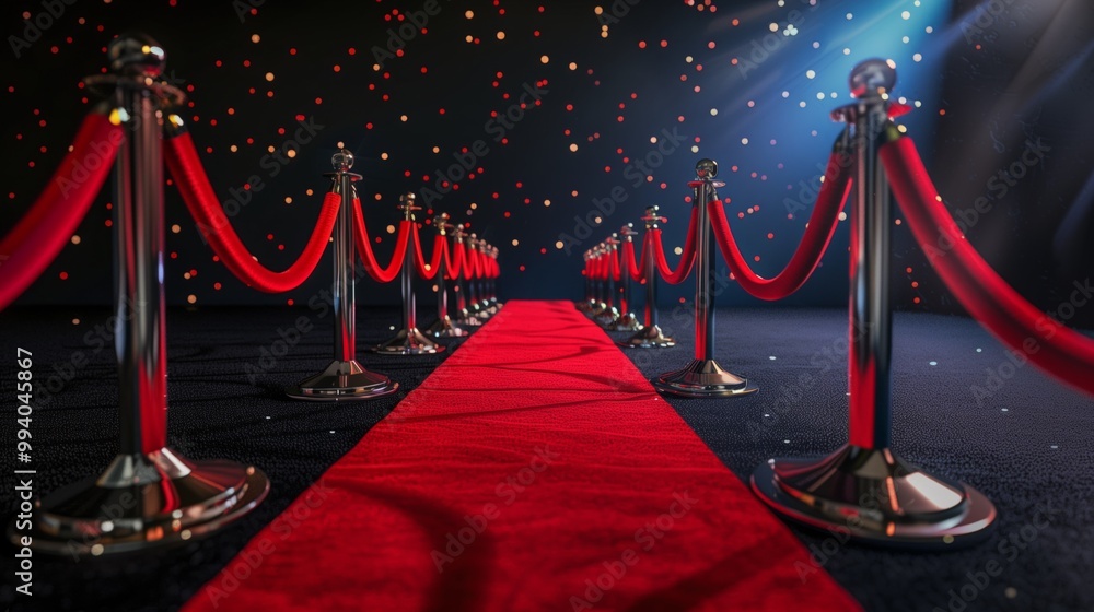A grand red carpet entrance lined with velvet ropes welcomes guests to ...