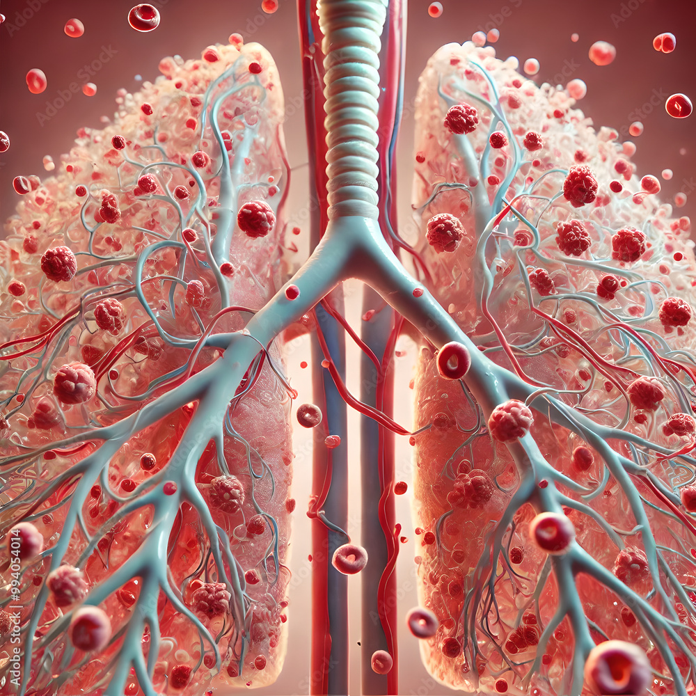 Capillaries surrounding the alveoli in lungs, illustrating process of ...