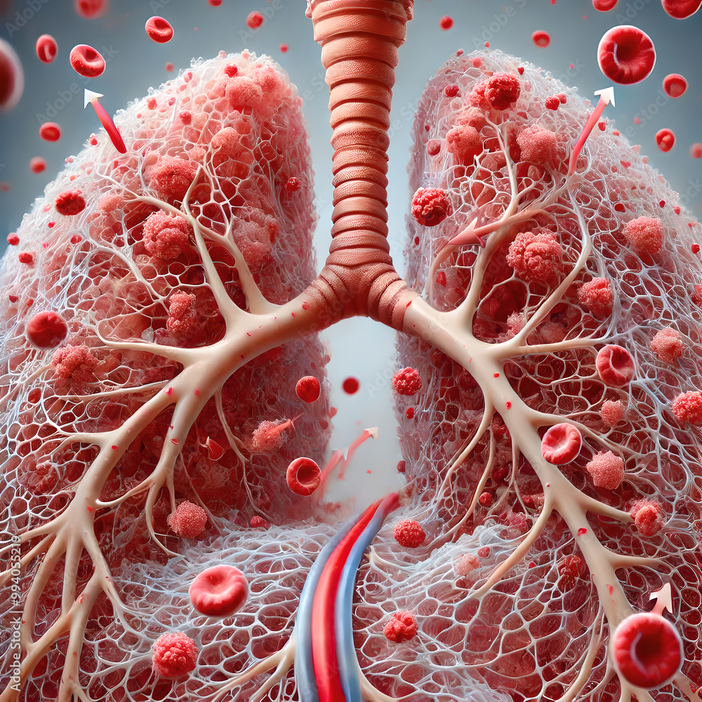 Capillaries surrounding the alveoli in lungs, illustrating process of ...