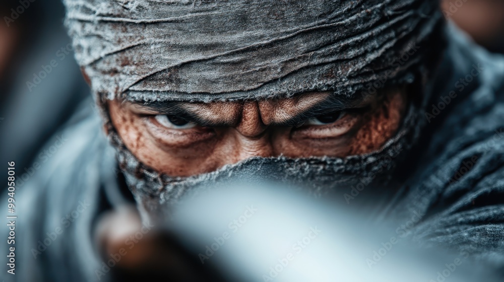 An intense image featuring a stealthy person with their face covered ...