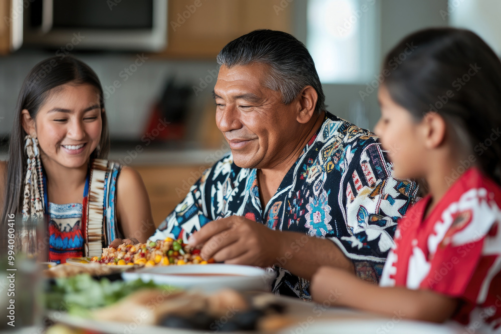 family gathering for dinner in modern kitchen with traditional foods on ...