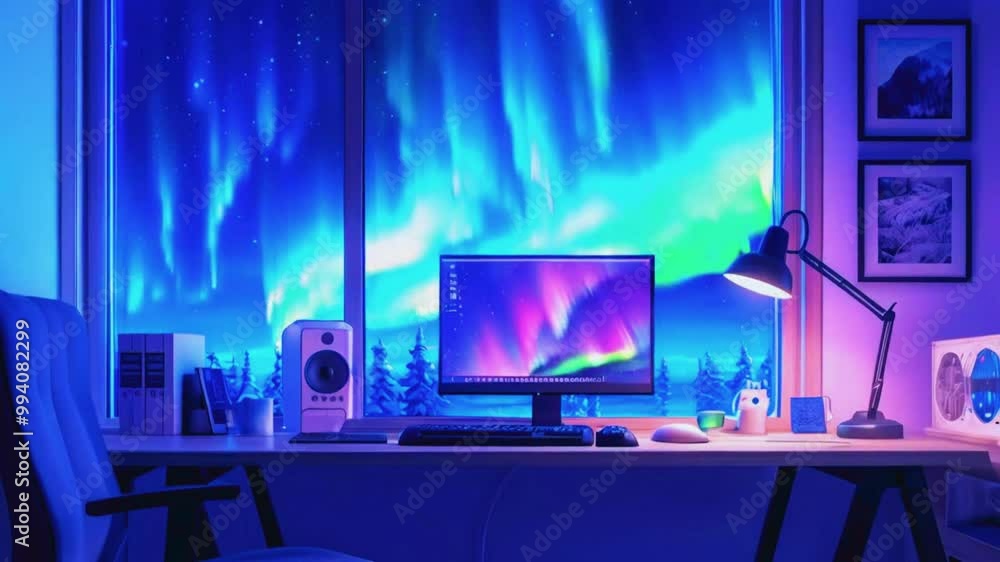 A desk with a computer facing a window beautiful northern lights. time ...
