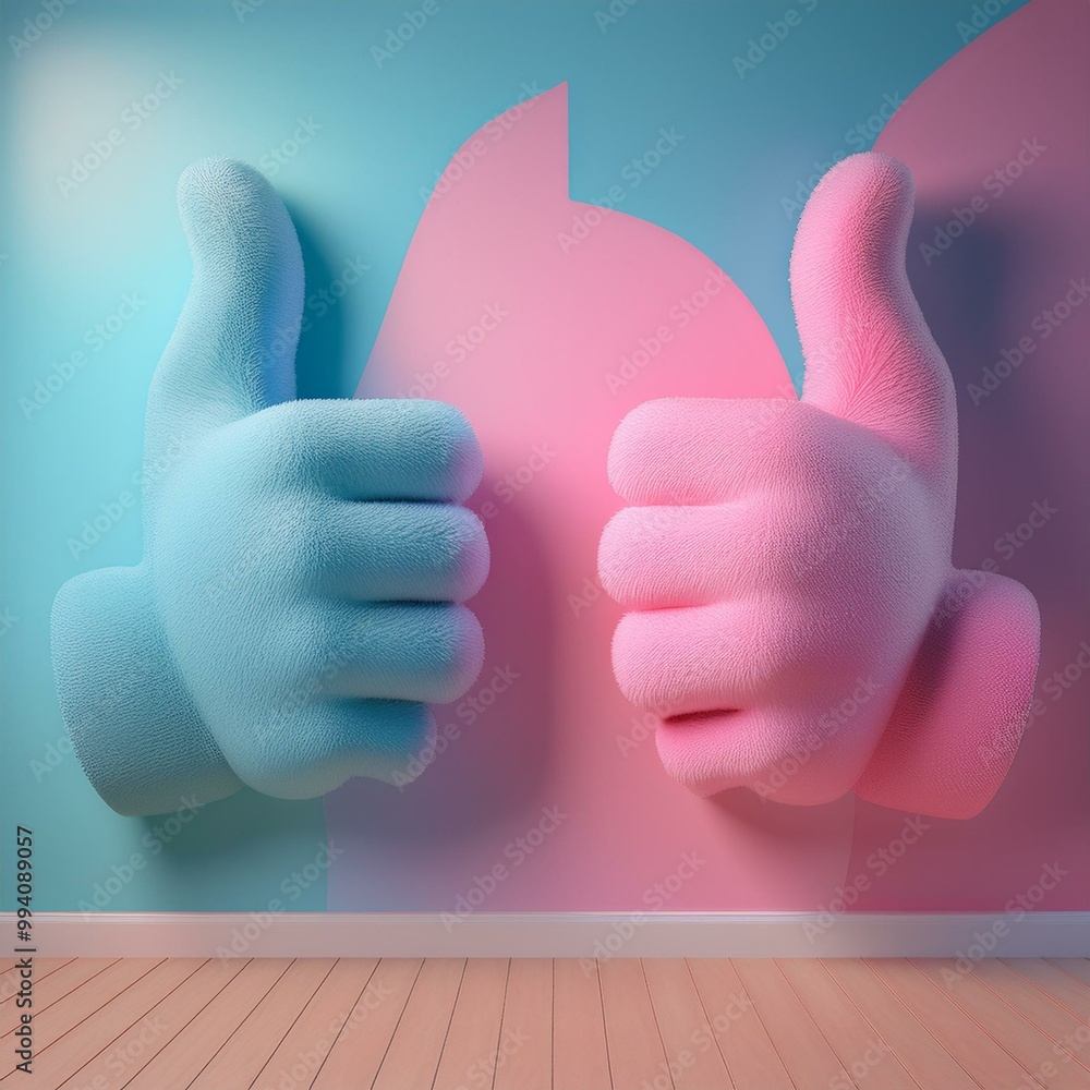 Two large, funny, plush thumbs up symbols—one in pink and the other in ...