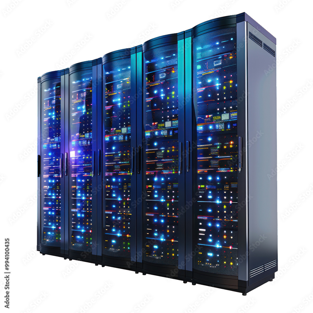 Server room in data center showing server racks with blinking led lights indicating information ...