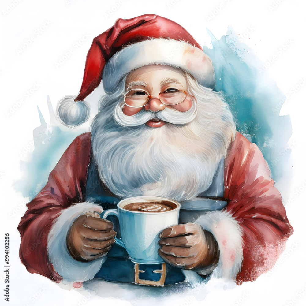 Christmas-themed watercolor clipart hand drawing ideas, Santa Drinking ...