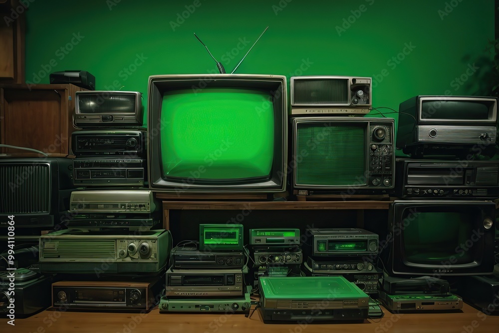 vintage TV green screen old electronics stack static Stock Photo ...
