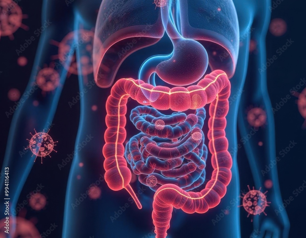 A vivid depiction of the human digestive system, highlighting the ...