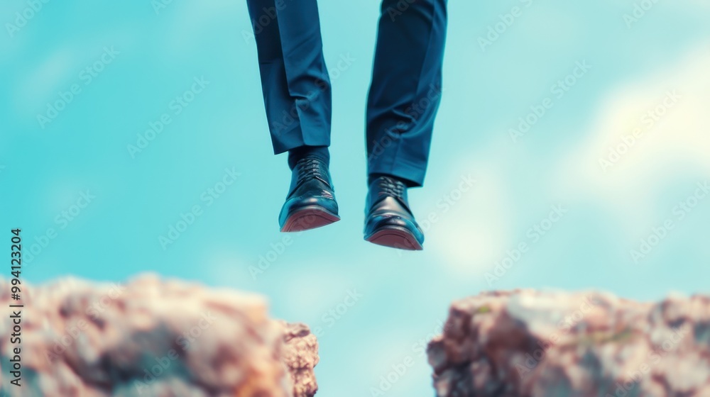 A businessman’s legs in midair, leaping over a gap between two cliffs ...