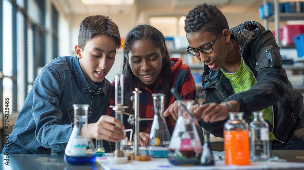 Group of diverse students working together on a science project in a ...