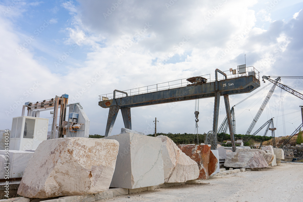 Towering gantry cranes in a marble quarry at Vila Viçosa, Alentejo ...