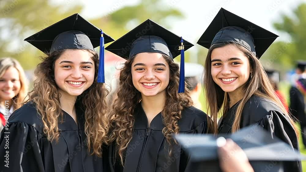 Vídeo do Stock: Three young women in graduation attire beam with pride ...