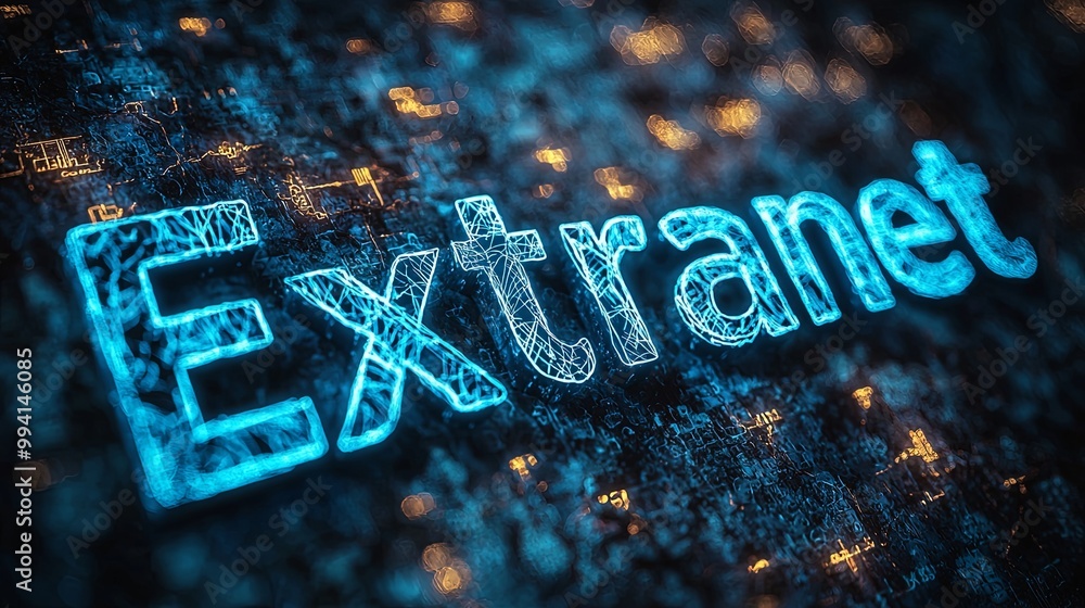This image features the word 'Extranet' illuminated in blue across a digital network backdrop ...