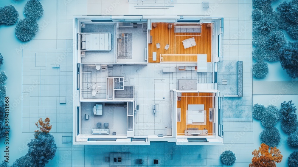 Overhead shot of a very detailed house blueprint, house plan with all ...