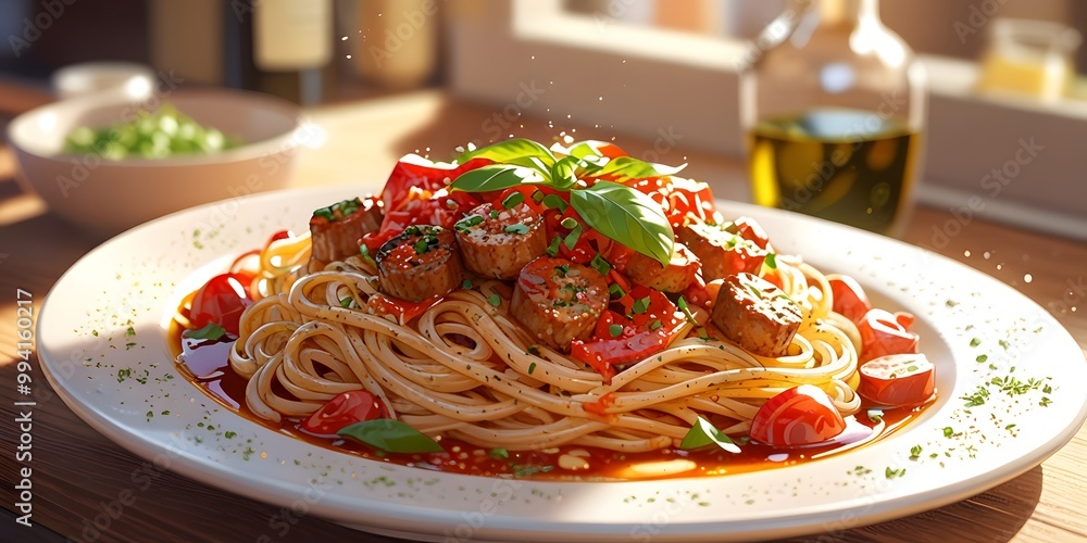 anime style illustration of a plate of spaghetti in a rich marinara ...