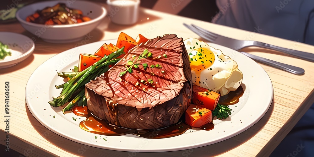 anime style illustration of a perfectly cooked steak served with ...
