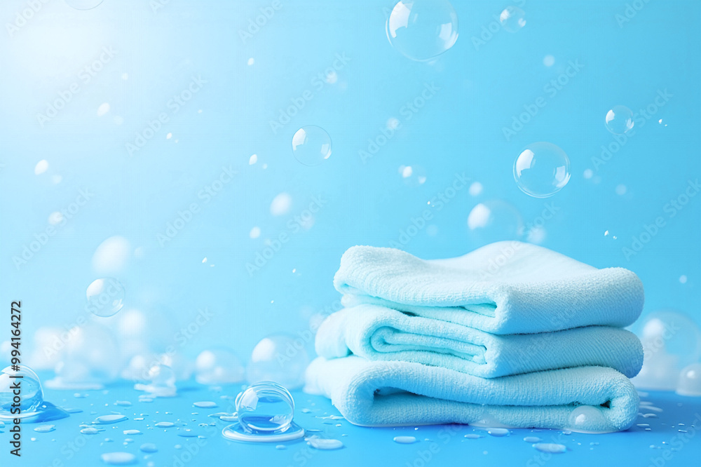 Wet clothes, laundry and soap water for laundromat business, housework ...