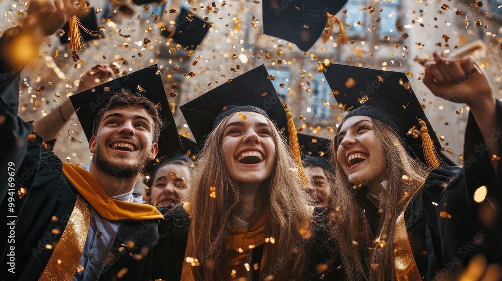 Group of cheerful student throwing graduation caps in the air ...