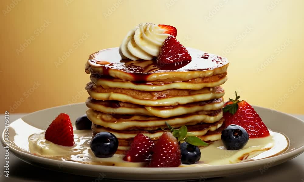 delicious fluffy pancakes are stacked, decorated with cream and berries ...