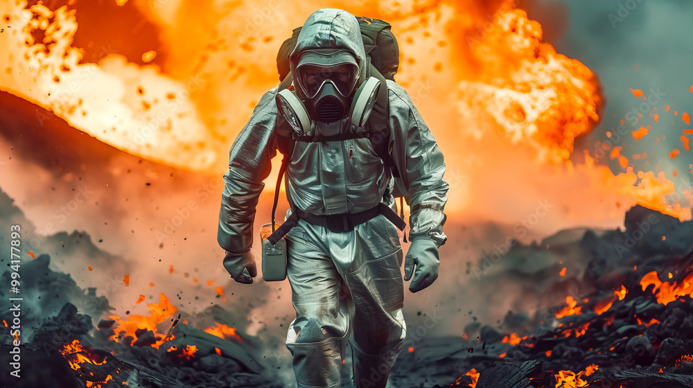 Volcanic Inferno: A lone figure in protective gear bravely confronts a ...
