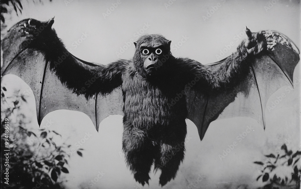 1940s-style black-and-white photograph of a winged sasquatch-like ...