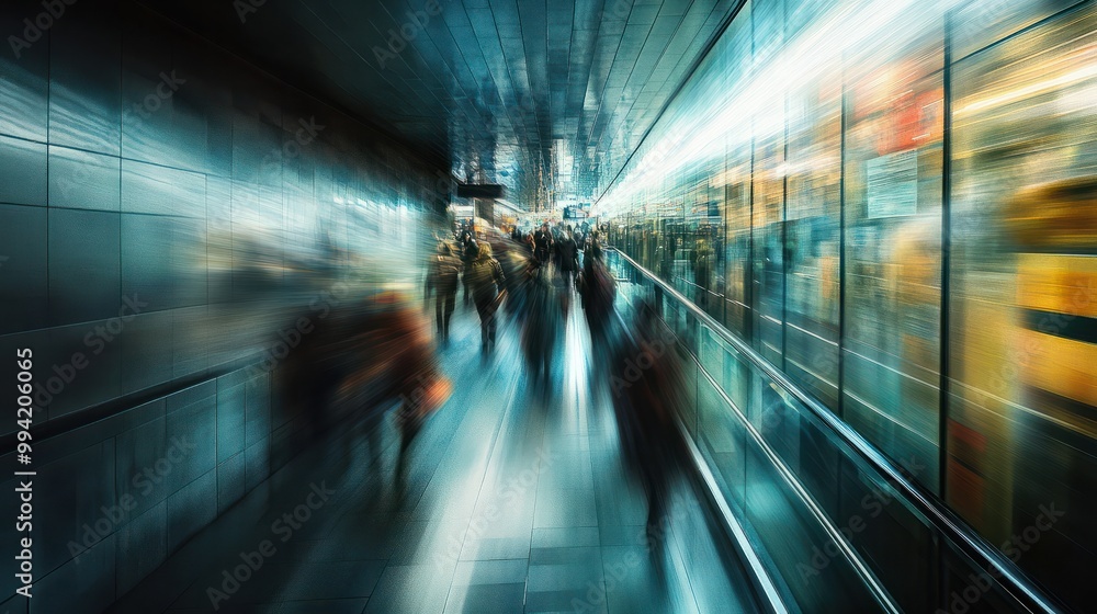 The rush of life depicted in a bustling modern corridor with motion ...