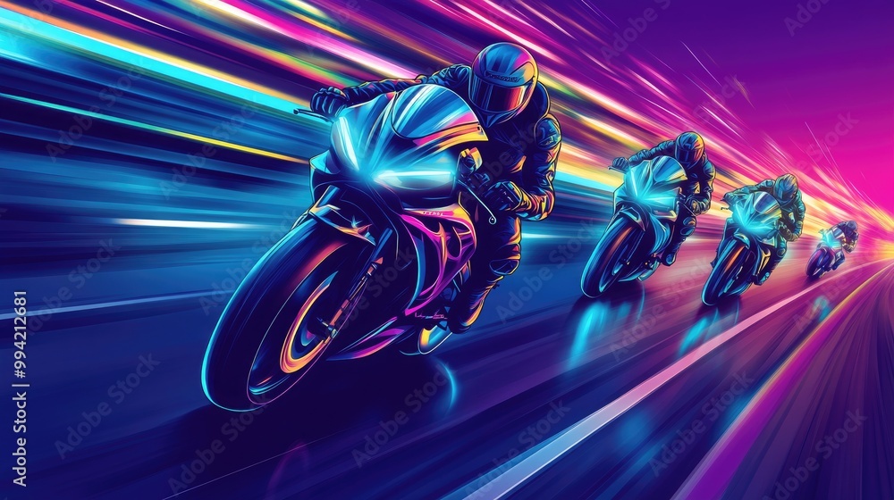 High speed bikers competing on a highway featuring a vibrant neon color ...