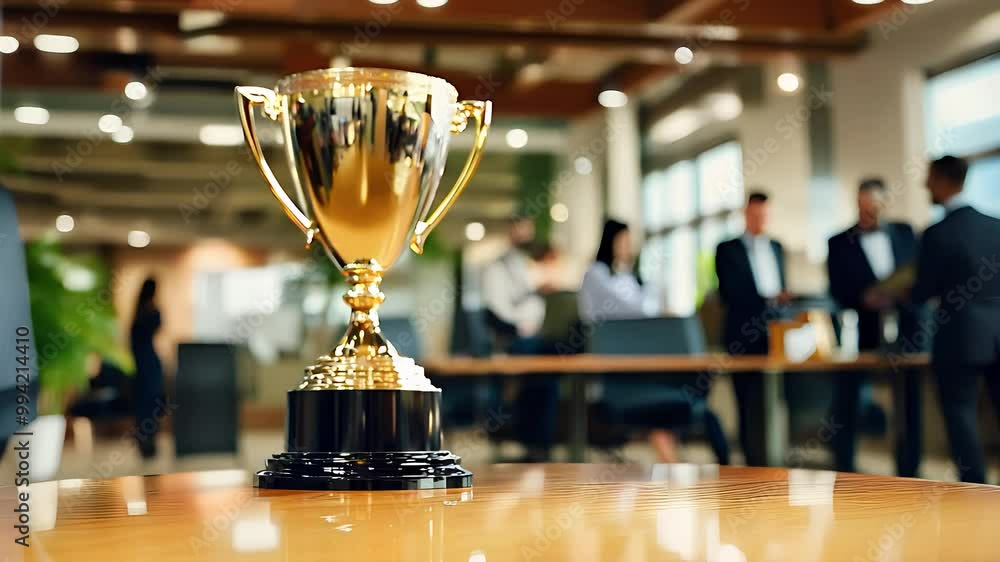 Gold trophy in a modern office setting, representing business ...