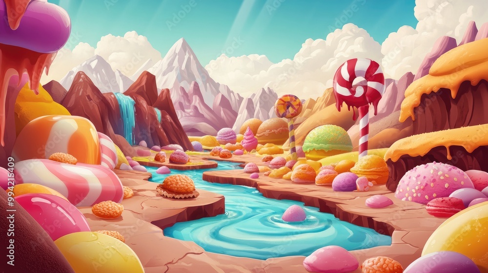 Candy themed game interface design featuring a whimsical 2D menu layout ...