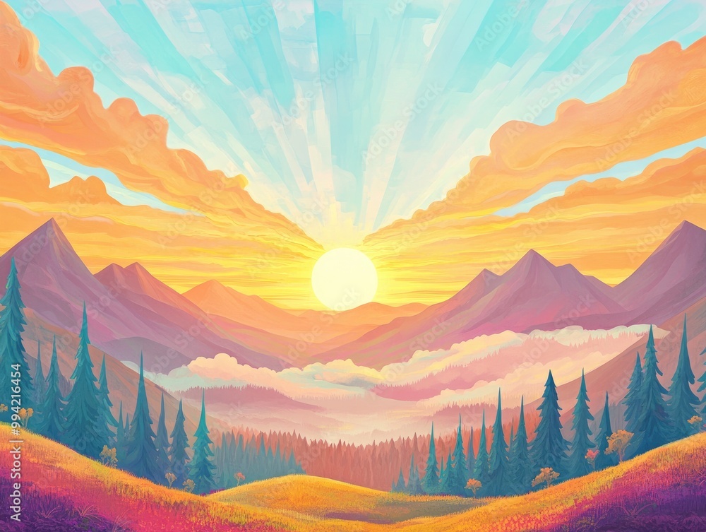 Whimsical depiction of a morning landscape featuring a sunrise over ...
