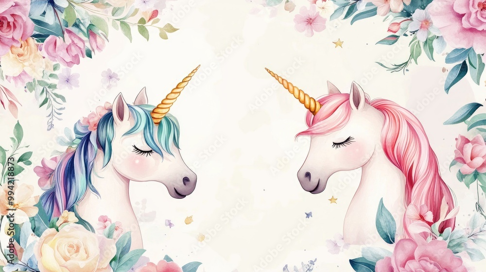 Rectangular floral backdrop featuring adorable unicorn faces designed ...