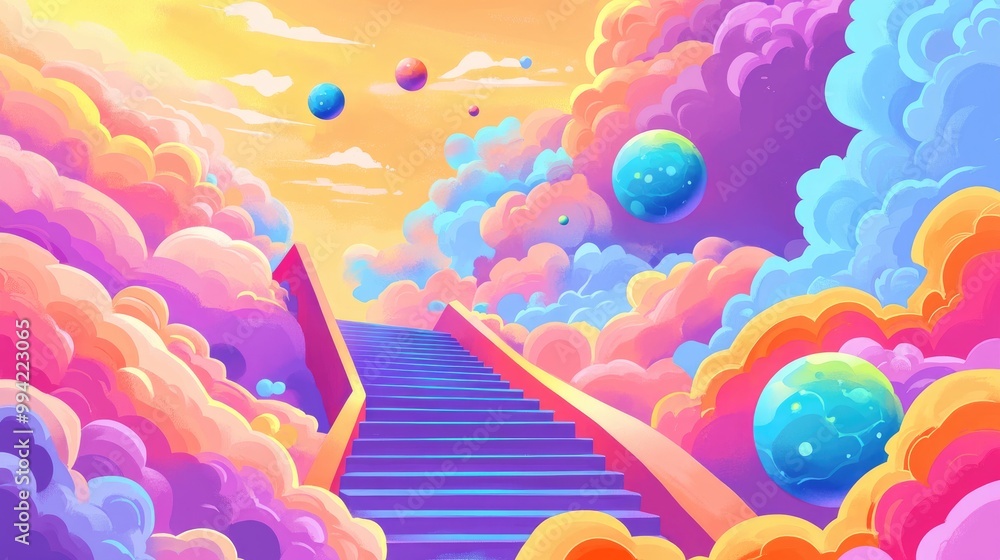Surreal 2D cartoon illustration featuring vibrant psychedelic clouds ...