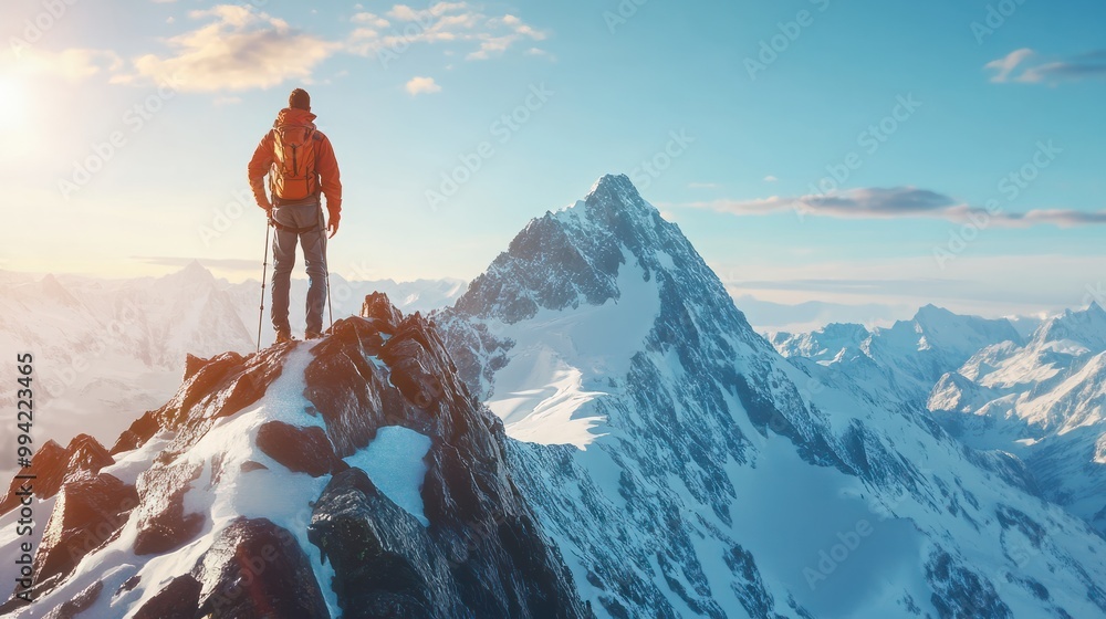 Successful man stand top of alps mountain. Fun adventure. Hiker achieve ...