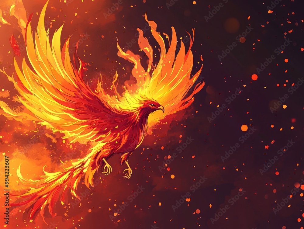 Mythical phoenix with fiery red wings and feathers depicted in a 2D ...